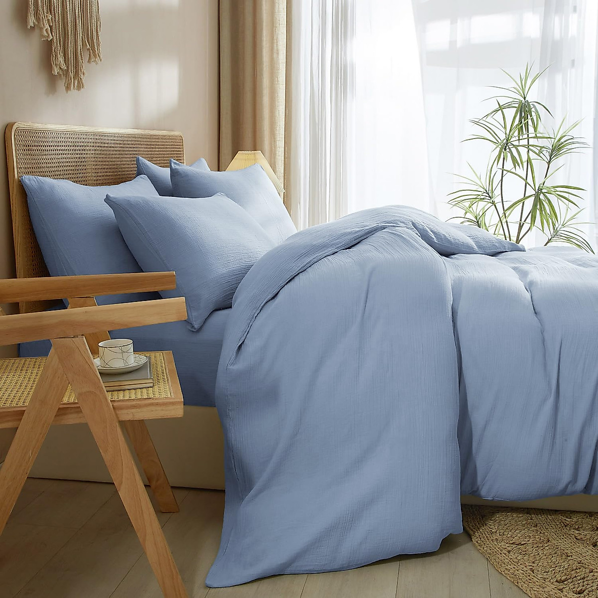 YASMENG 100% Muslin Cotton Duvet Cover Set Queen Size Sky Blue, Soft Breathable Minimalist Gauze Linen Like Comforter Cover, Luxury Lightweight Double-Layer Cotton Muslin Gauze Bedding Set