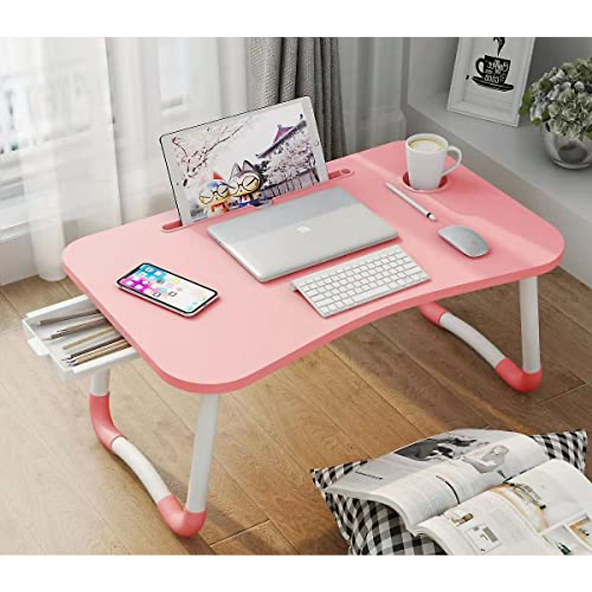 Laptop Bed Table, Foldable Laptop Desk Bed Tray with Storage Drawer, Lap Desk TV Tray for Breakfast Serving, Notebook Stand Reading Holder with Phone Slot and Cup Holder for Sofa Couch Floor-Pink