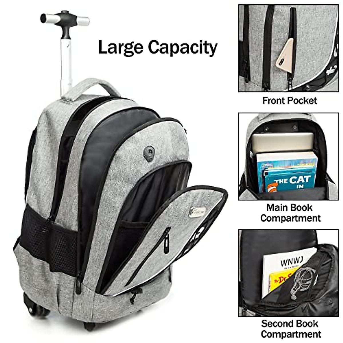 MOHCO Rolling Backpack 18inch with Lunch Bag and Pencil Case Wheeled School Bookbag for Boys and Girls