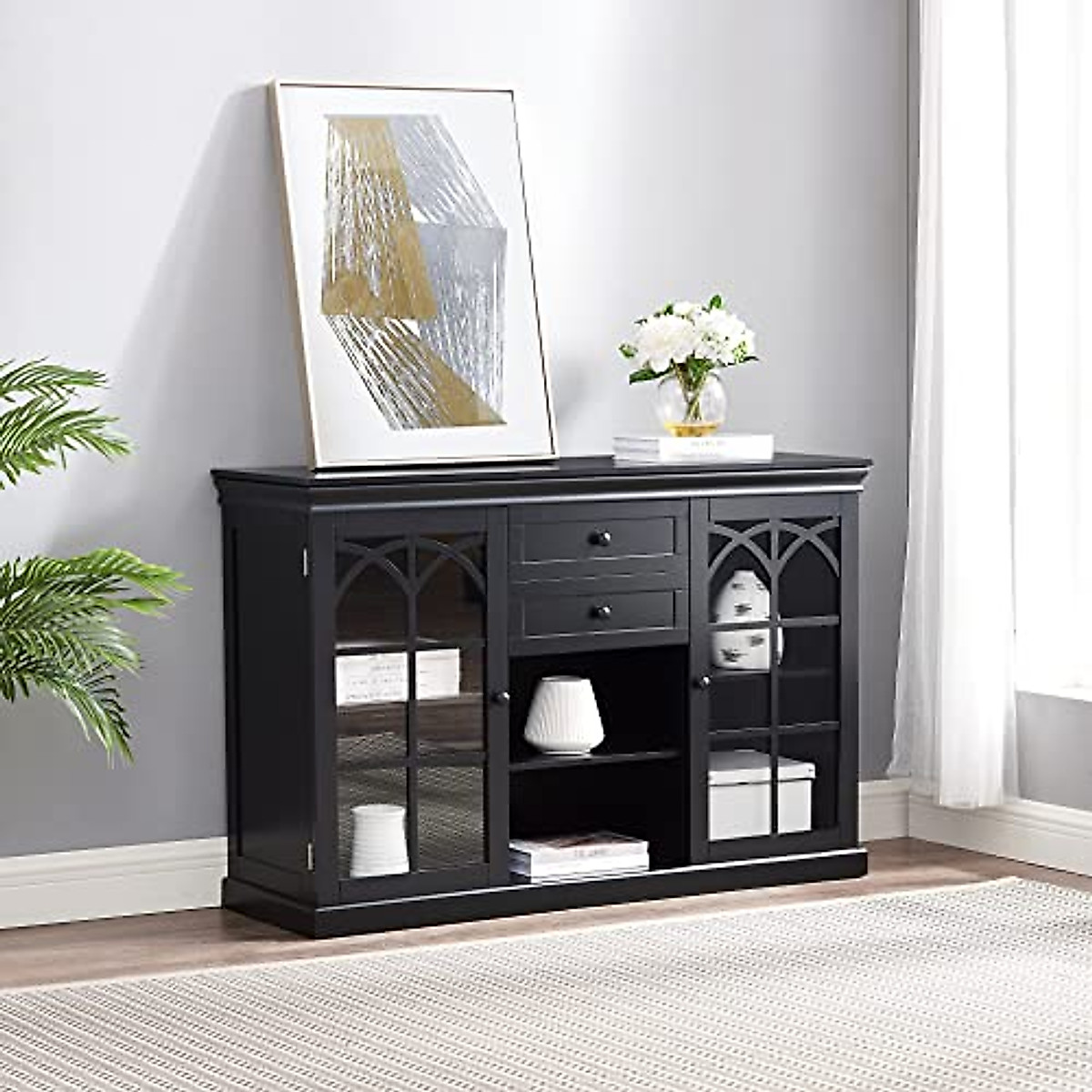 GOOD & GRACIOUS Sideboard Buffet Cabinet with Drawers and Glass Fretwork Doors, Storage Display Cabinet with Premium Painted Finish for Dining Room, Living Room, Kitchen, Entry, Black