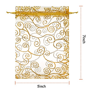 Staruby Organza Gift Bags 100Pcs Gold Sheer Organza Bag 5x7 Inch Mesh Favor Bags Drawstring Jewelry Rattan Printed Gift Pouches for Wedding Party Favors Baby Shower Christmas Gifts Candy Bags
