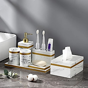 5 Pcs Bathroom Accesary Set Marble Look Bathroom Sets Accessory Marble Imitation Resin with Soap Dispenser Pump, Toothbrush Holder, 2 Rinsing Cup, Soap Dish (White)