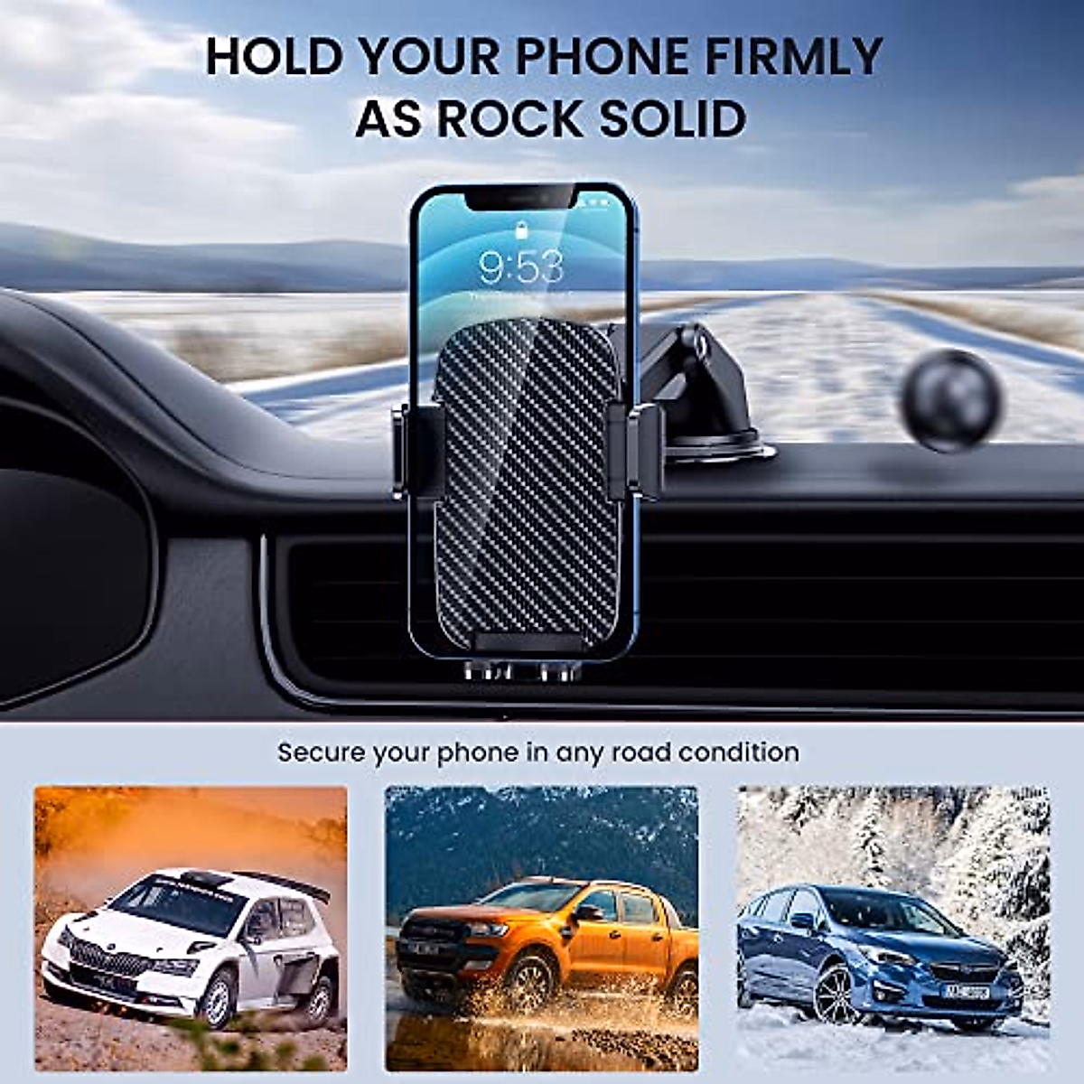 Phone Holder for Car [Military-Grade Suction] Phone Stand for Car Phone Holder Mount [Super Stable] Automobile Cell Phone Holder Car Mount for iPhone Universal Car Dashboard Mount Fit All Smartphone
