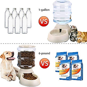 2 Pack Automatic Cat Feeder and Water Dispenser in Set with Pet Food Mat for Small Medium Dog Pets Puppy Kitten Big Capacity 1 Gallon x 2 (2 Pack Cream)