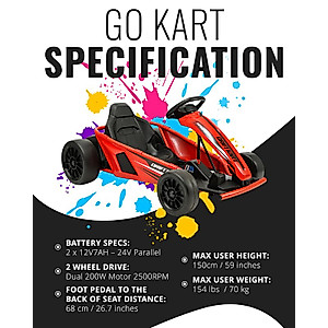 Hyper 24V Ride-On Electric Go Kart for Kids 8-14 Years, 3-Speed Setting with Drift Kart Mode, Foot Accelerated Pedal, Up to 9MPH Speed, 154 Lbs Max Weight, Ergonomic Seat & Sturdy Steel Frame, Red