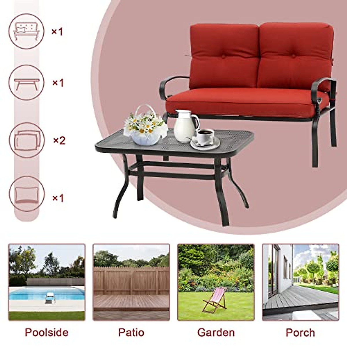 Incbruce Patio Loveseat with Coffee Table - Outdoor Bench with Cushion,2 Piece Wrought Iron Outdoor Loveseat Metal Frame Porch Furniture Set Bench for Patio, Poolside, Garden (Red)