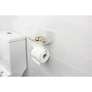 COLINCH Acrylic No Drill Toilet Paper Holder with Shelf - Splashproof, Cat-Proof Tissue Roll Holder, Adhesive Wall Mounted Bathroom Wipes Storage