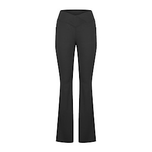 Women High Waist V Cross Pants Tummy Control Bell Bottom Bootcut Pants Casual Wide Leg Yoga Pants with Pockets Black