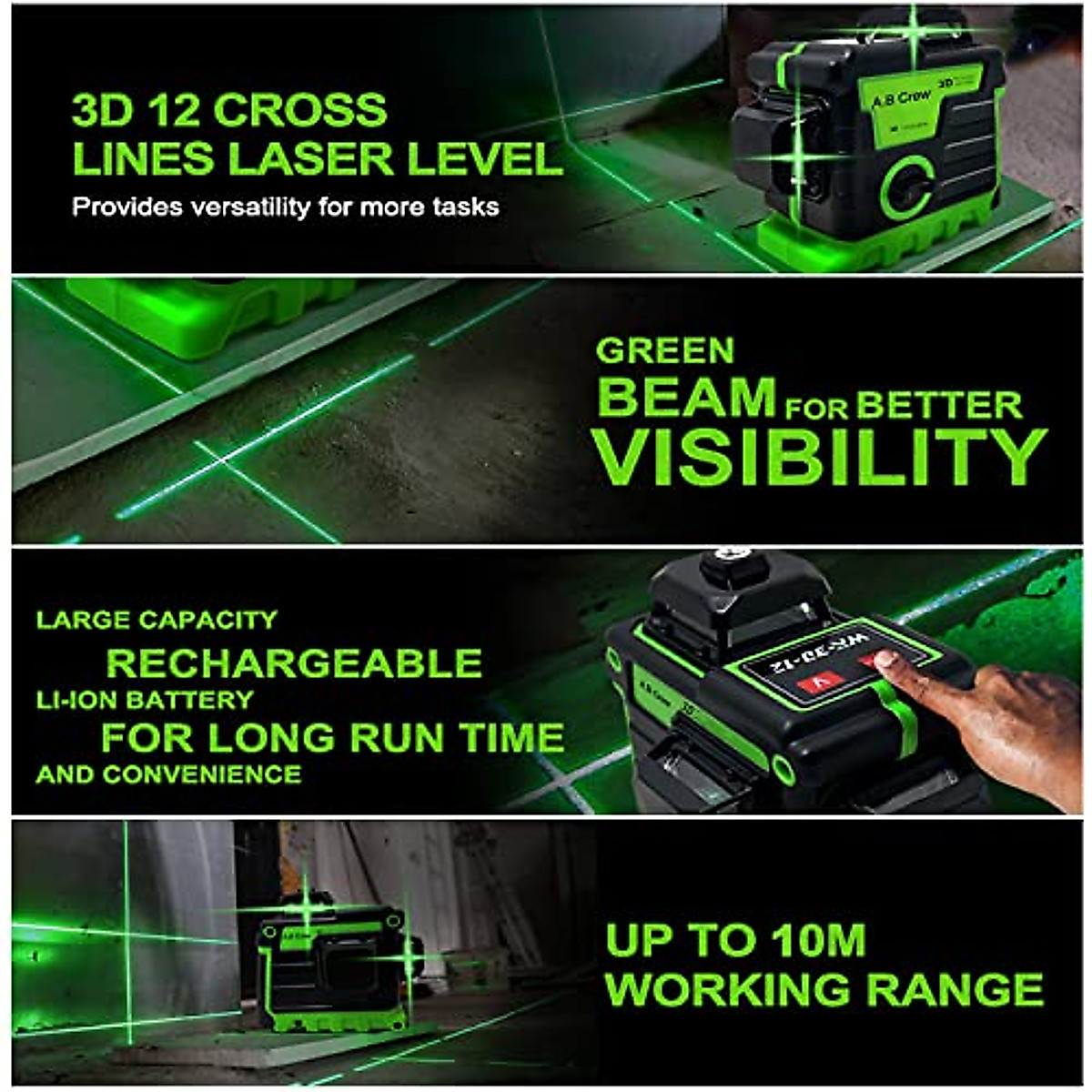 Laser Level 3D Green Line - Self-leveling Rotary 12 Lines 360 Degree Green Beam Laser Leveler Vertical Horizontal Cross Line Construction Flooring Tiling Picture Hanging Rotary Alignment