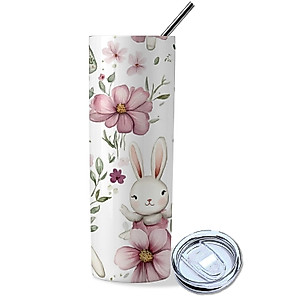 Tumbler with Lid and Straw Miss Rabbit and Flowers thermos coffee travel mugcute cups 20 oz insulated tumbler for Daily Holiday Decor Gift coffee cup