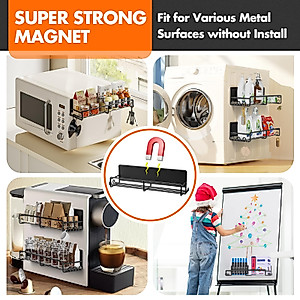 SUNALLY Magnetic Spice Rack for Refrigerator, 4 Pack Magnetic Fridge Shelf with Hooks, Spice Organizer Shelf for Kitchen Organization and Storage, Seasoning Organizer Gadgets for Metal Surface