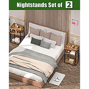 MINOSYS End Table Nightstands Set of 2, 3-Tier Bedside Tables, Nightstand Accent Table for Couch, 5-Tier Shelf Bookcase, Living Room, Bedroom, Rustic Brown and Black, Easy Assembly.