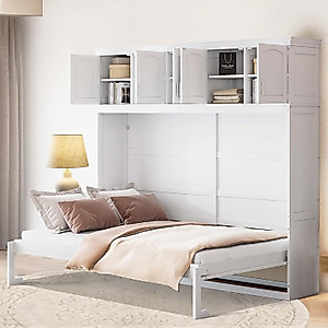 Firscook Queen Size Murphy Bed Wall Bed with Top Storage Shelves,Solid Wood Wall Bed, Multi-Functional Folding Bed Cabinet Night/Day Furniture, Space-Saving and Sturdy Slat Support, White