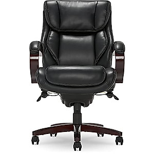 La-Z-Boy Bellamy Executive Office Chair with Memory Foam Cushions, Solid Wood Arms and Base, Waterfall Seat Edge, Bon, Black