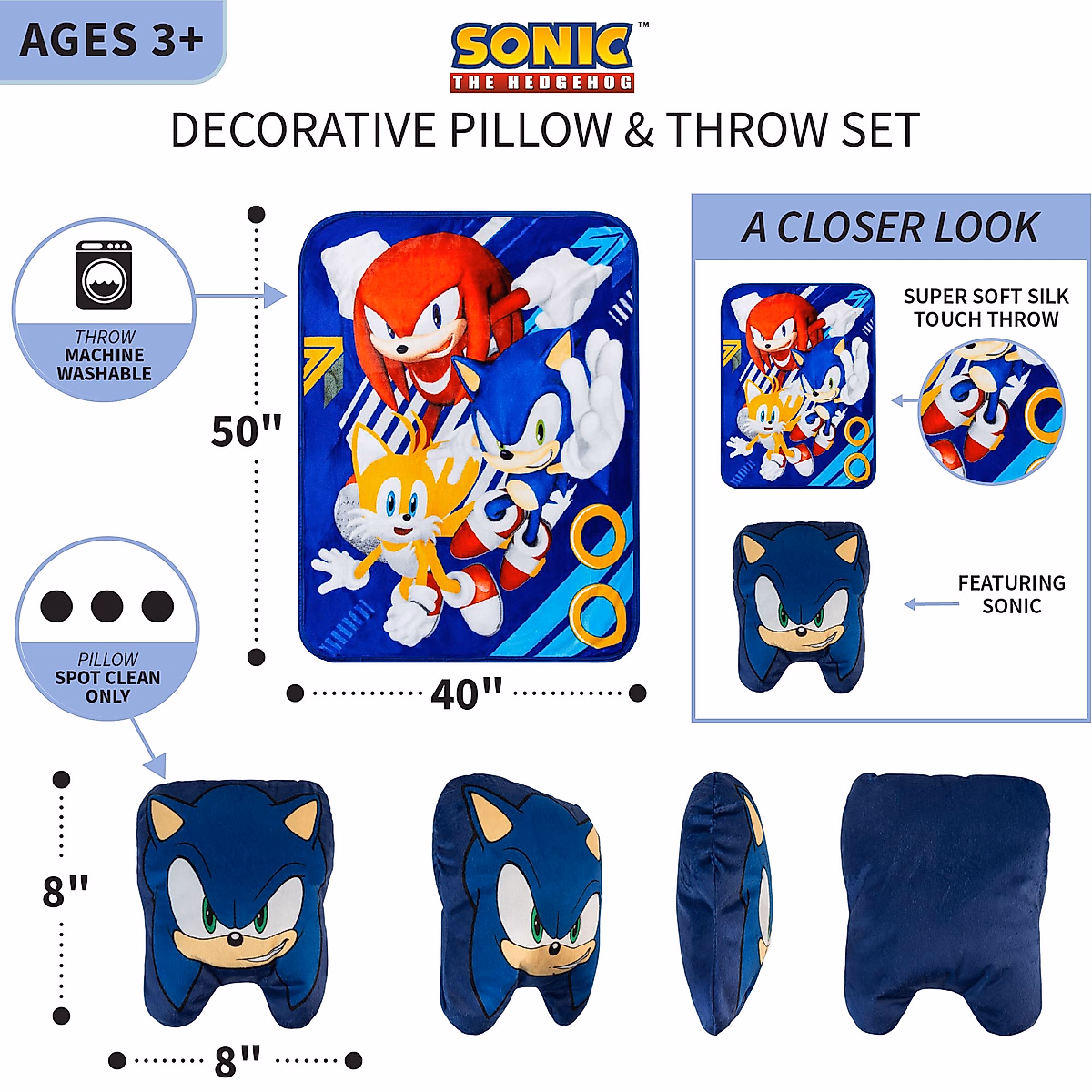 Franco Kids Bedding Super Soft Plush Decorative Pillow and Throw Set, 40 in x 50 in, Sonic The Hedgehog, Anime