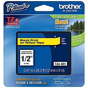 Brother Genuine P-touch TZE-631 Tape, 1/2" (0.47") Standard Laminated P-touch Tape, Black on Yellow, Laminated for Indoor or Outdoor Use, Water Resistant, 26.2 Feet (8M), Single-Pack