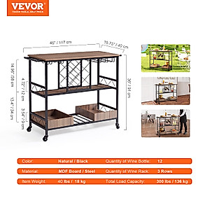 VEVOR Bar Cart, Home Serving Cart, 3 Tiers 300 LBS Industrial Rolling Beverage Station on Lockable Wheels, Mobile Alcohol Drink Cart with Removable Tray Wine Rack Glass Holder for Kitchen Dining Room