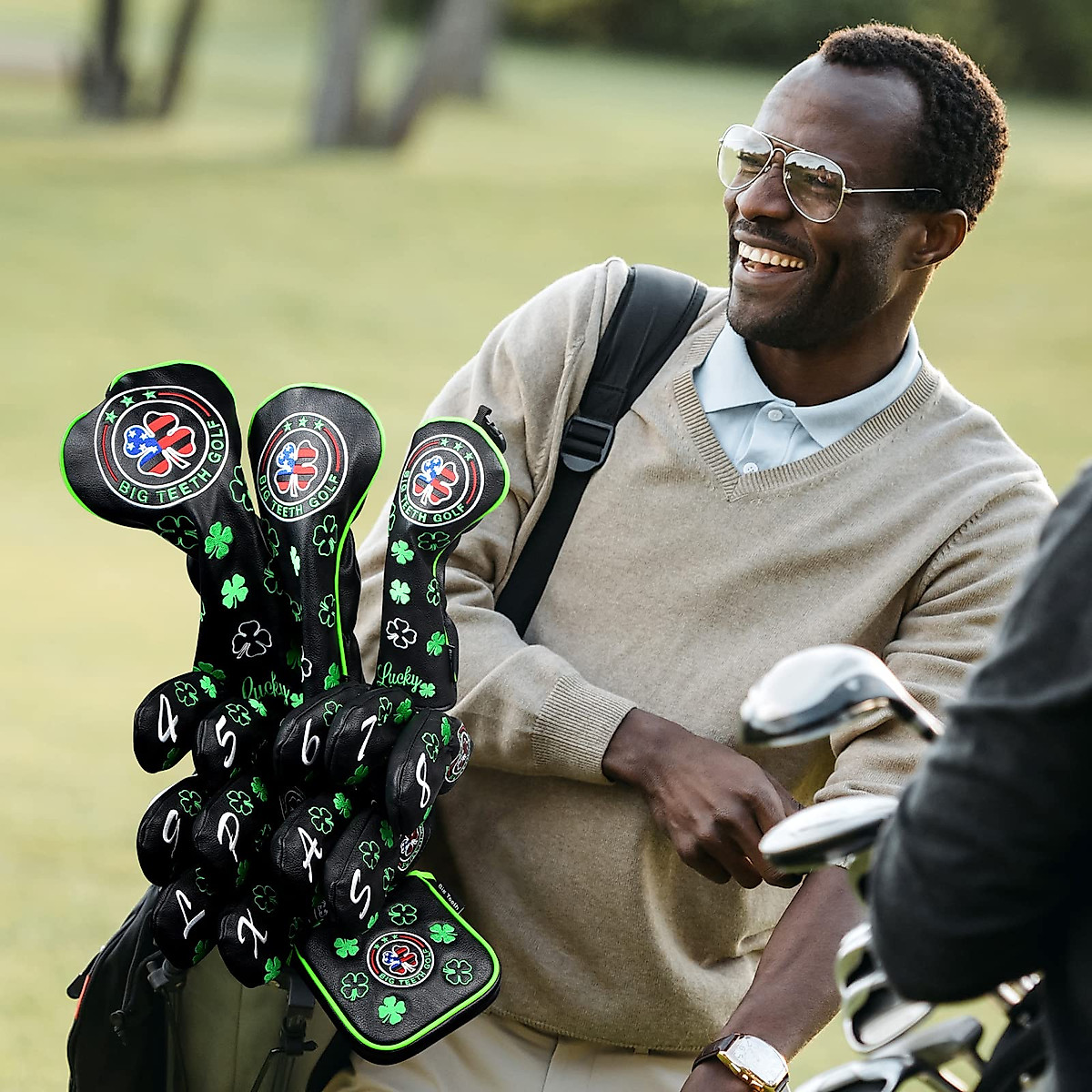 BIG TEETH Golf Head Covers Driver Hybrid Fairway Cover Golf Club Protector Lucky Clover and USA Pattern Black (Driver Cover)