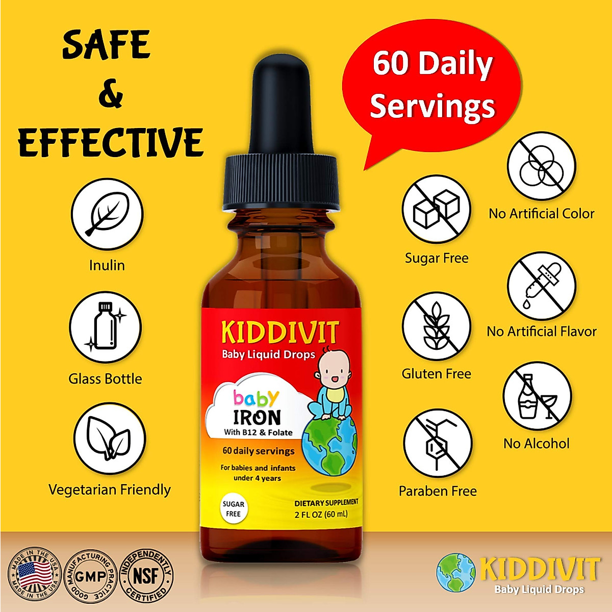 Kiddivit Baby Iron Liquid Drops with Vitamin B12 & Folate - 60 Daily Servings, 2 Fl Oz (60 mL) - Inulin Fortified (Prebiotic, Dietary Fiber) - Sugar Free, Gluten Free, Vegetarian Friendly