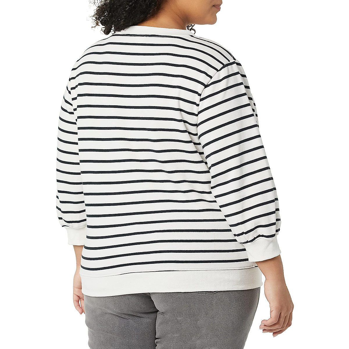 Amazon Essentials Women's Fleece Sleeve Detail Crewneck Sweatshirt, Black White Stripe, Medium