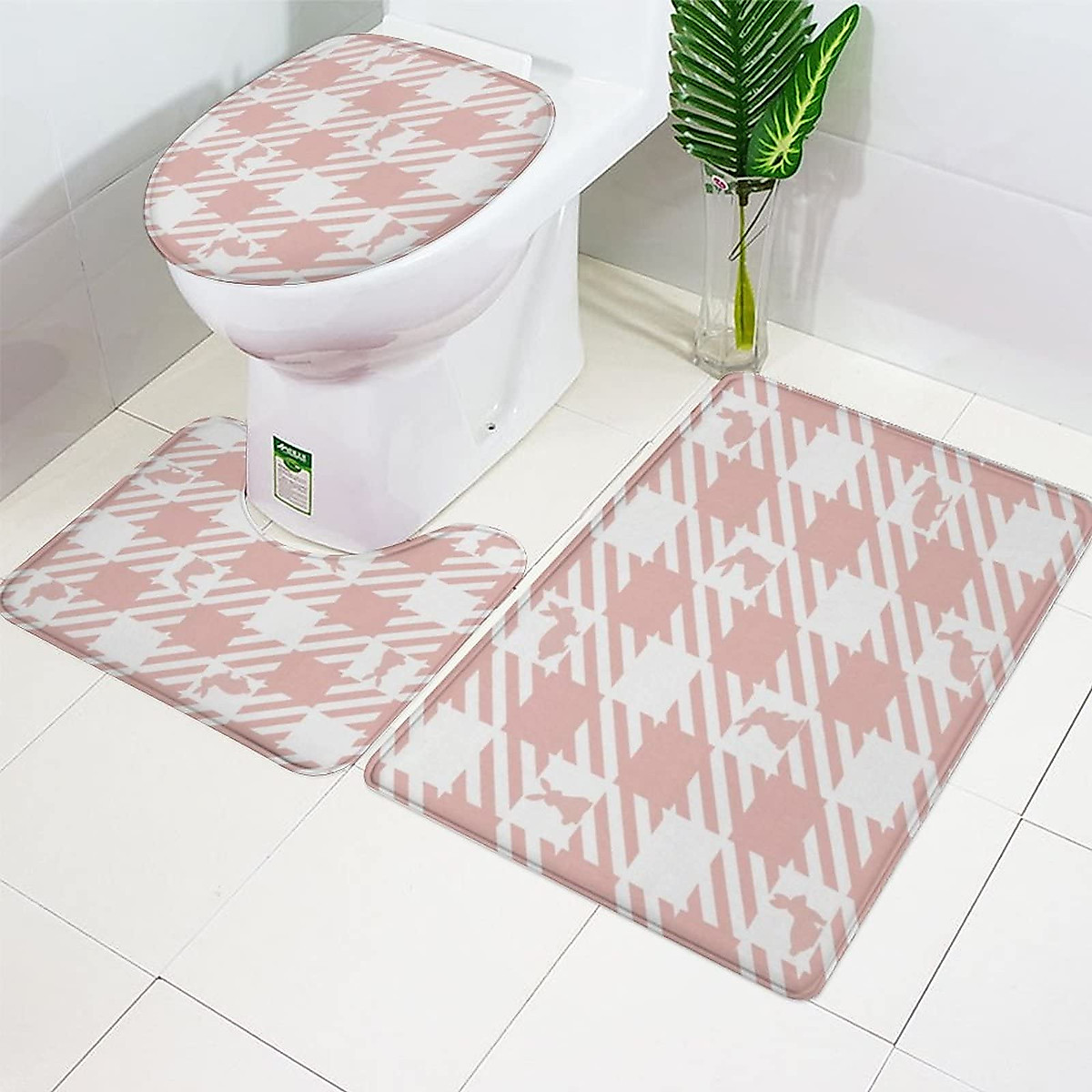 Royaours 3-Piece Bath Rug and Mat Sets, Pink White Buffalo Plaid Stripe Easter Rabbit Non-Slip Bathroom Doormat Floor Rugs, Farm Toilet Seat Cover, U-Shaped Carpet Entrance Door Mat