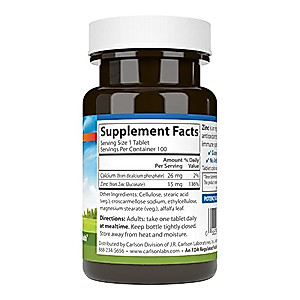 Carlson - Zinc, 15 mg, Zinc Supplement, Zinc Gluconate, Immune Support & Skin Health, Zinc Tablets, Antioxidant, Zinc Capsules, 100 Tablets