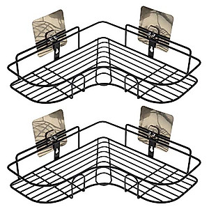 2pcs Corner Shelf Shower Caddy Organizer Bathroom Storage Holder with Hooks Toilet Kitchen No Drilling Black
