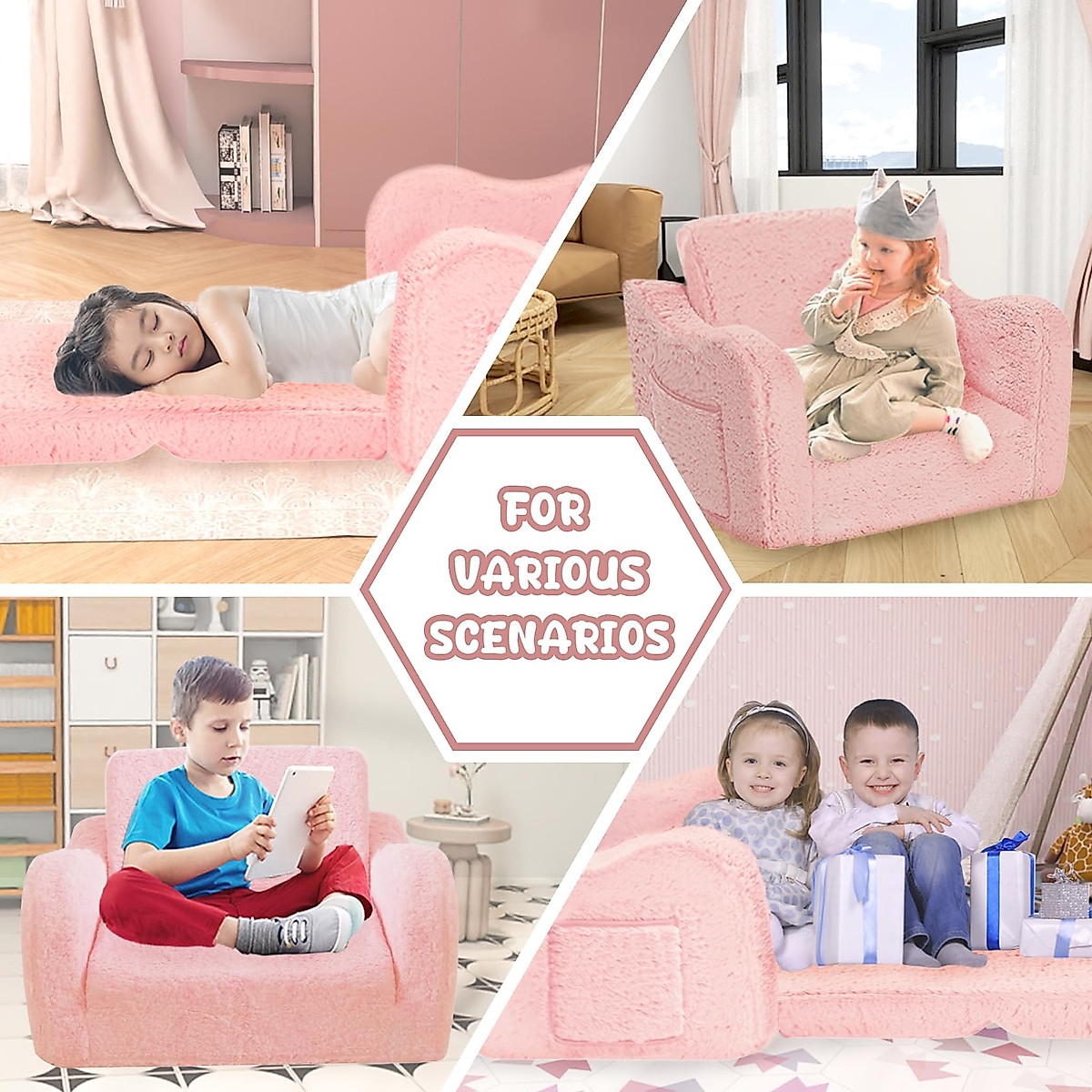 QIICMER Toddler Chairs Comfy 2-in-1 Kids Couch Fold Out Convertible Sofa to Bed, Kids Sofa for Girls and Boys, Cuddly Chairs for Toddlers 1-3 (Pink)