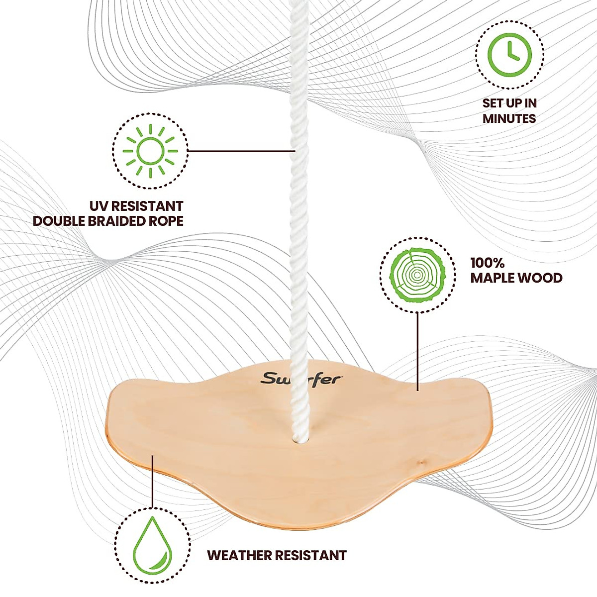 Swurfer Swift - Maple Wood Disc Swing for Kids Ages 4 and Up, Holds up to 150 Pounds - Includes 18" Curved Seat Swing with Heavy Duty Braided Rope, Brown