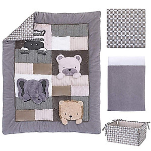 NoJo Play Day Pals Elephant/Bear/Lion/Zebra Animal 4 Piece Nursery Crib Bedding Set, Grey, Tan, Taupe, White