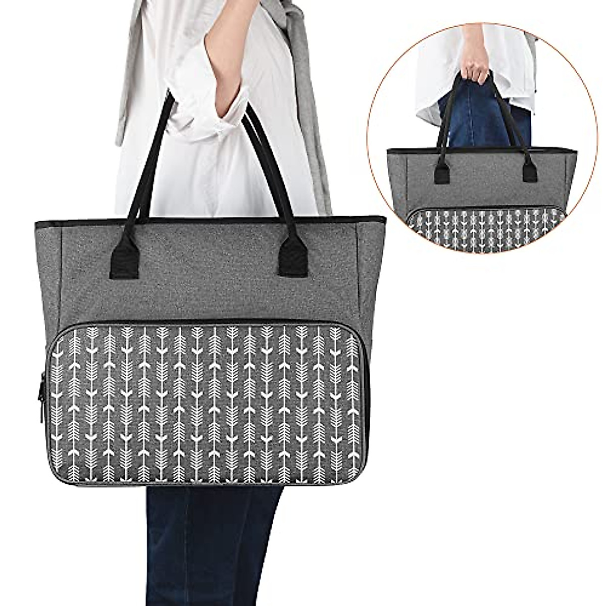 YARWO Knitting Crochet Bag, Yarn Storage Tote Bag for WIP Projects, Yarn Skeins, Crochet Hooks and Knitting Needles, Gray with Arrow (Bag Only, Patent Pending)