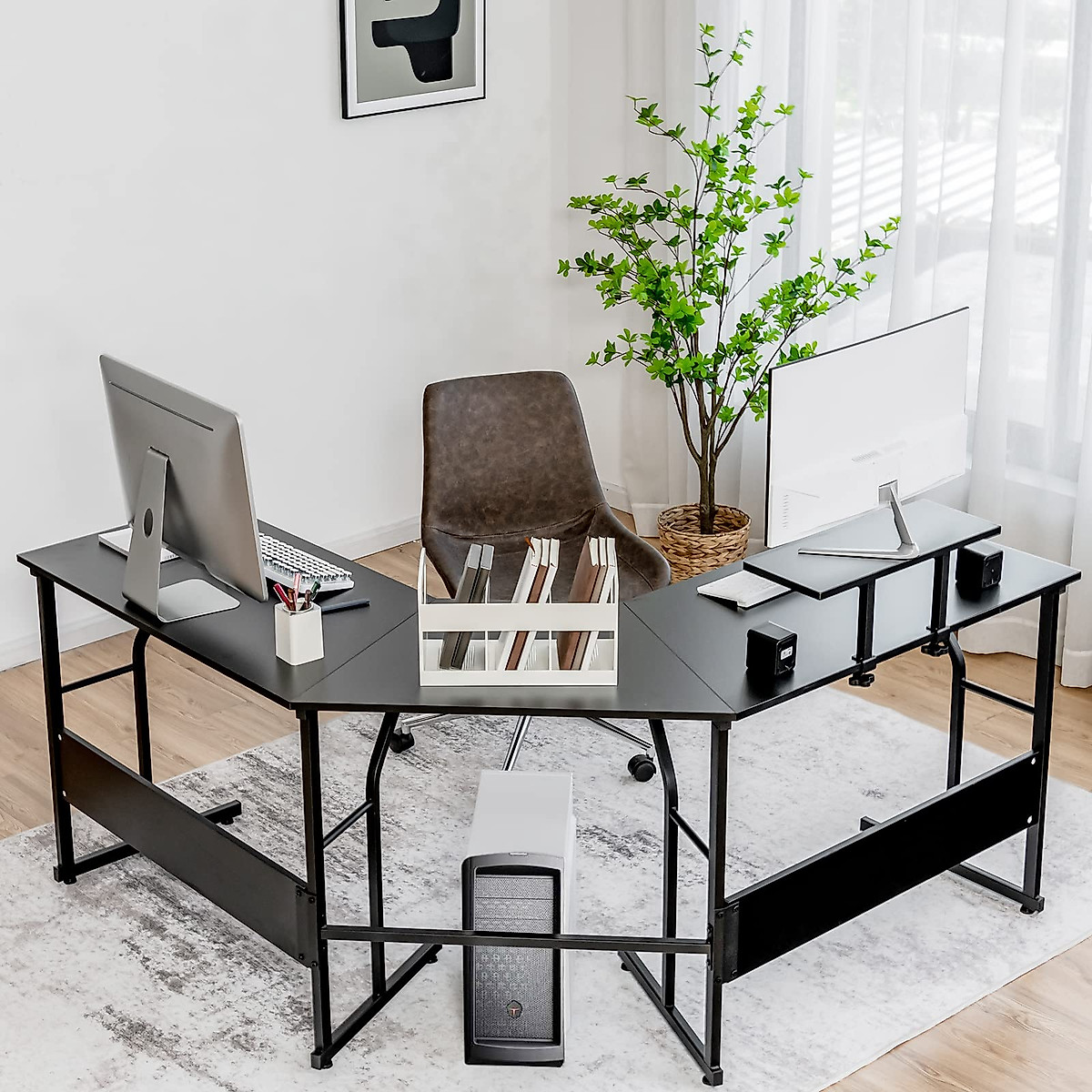 Tangkula L-Shaped Reversible Computer Desk, 2 Person Long Computer Workstation w/Movable Monitor Stand, Large Home Office Corner Desk for Working Writing Gaming (Natural)