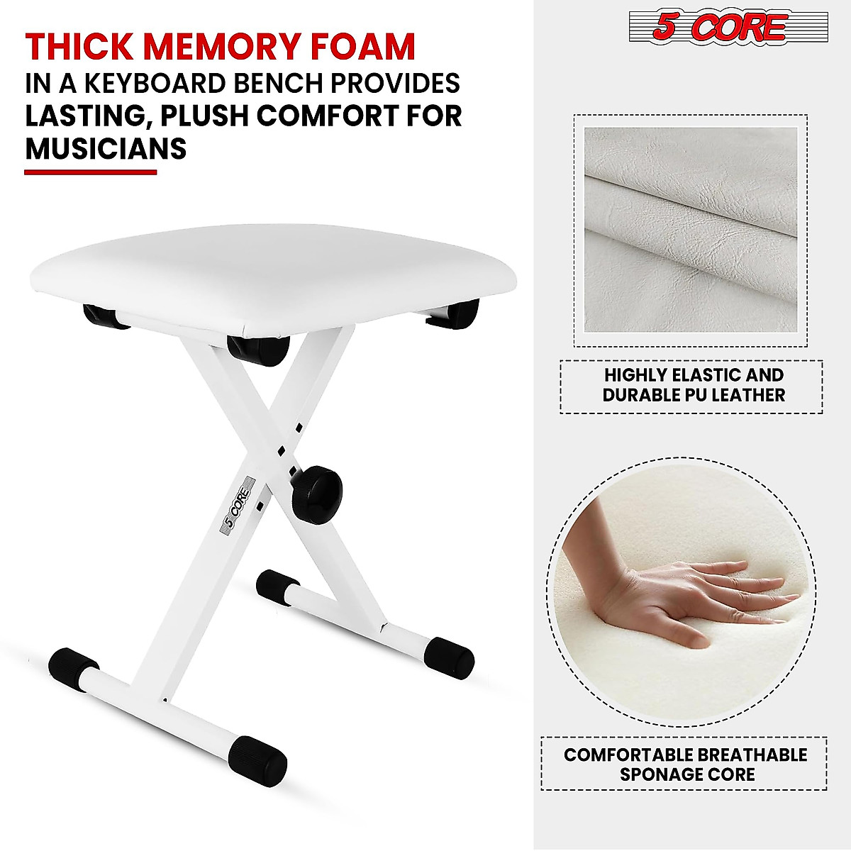 5 CORE Keyboard Bench Pair X Style Piano Stool Thick Padded 12 to 18.5 inch Adjustable Keyboards Chair White KBB02WH