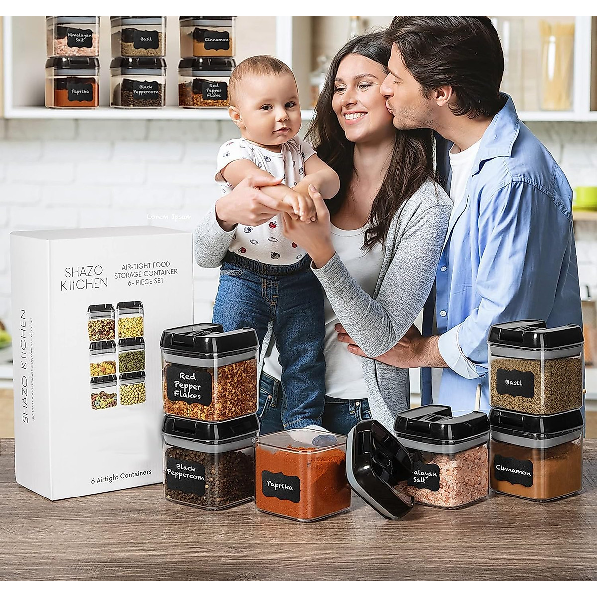 Shazo Airtight 6 Pc Mini Container Set + 6 Spoons, Labels & Marker - Durable Clear Plastic Food Storage Containers with Lids - Kitchen Cabinet Pantry Containers for Spices, Herbs, Coffee, Tea etc