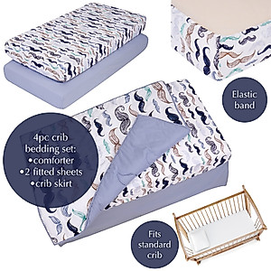 Noisy Mouse - Boho Little Man Mustache, Premium, 100% Organic Cotton 4-Piece Baby Boy Nursery Bedding Crib Set | Baby Comforter | 2 X Fitted Crib Sheets | Crib Skirt (White, Teal, Black, Brown, Blue)