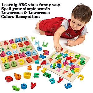 Wondertoys Wooden Alphabet Puzzle for Toddlers Chunky Lowercase & Uppercase Letters ABC Puzzles Board for Preschools Boys and Girls