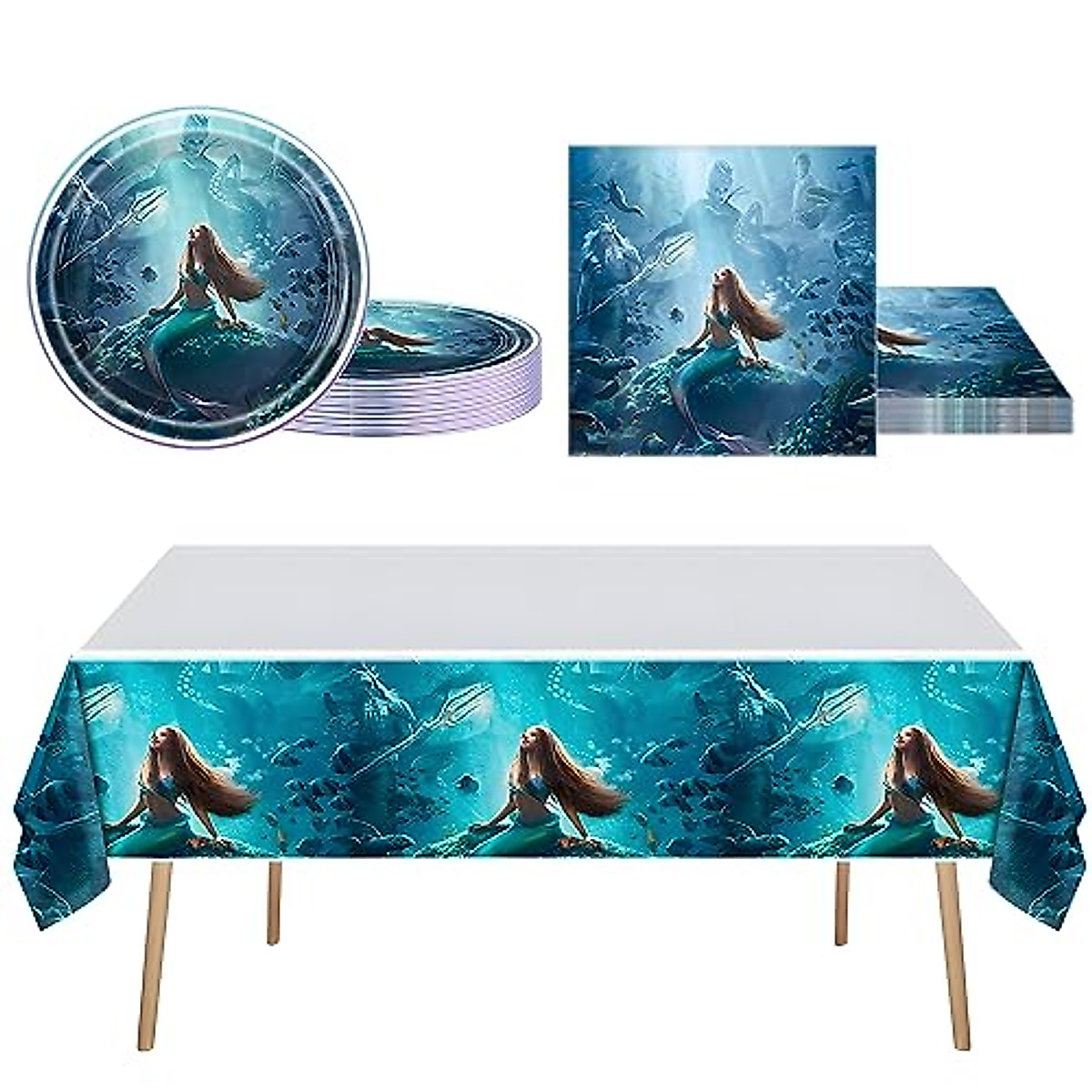 2023 Little Mermaid Party Decorations,Black Princess Mermaid Party Tableware Set Include 20Plate 20Napkins And 1 Tablecovers For Under The Sea Mermaid Movie Themed Birthday Party Decorate Supplies