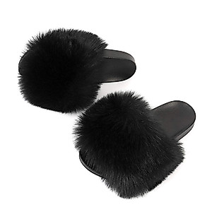 FUNKYMONKEY Women's Slides Faux Fur Cute Slip On Fuzzy Slippers Comfort Flat Sandals (11 M US, New Black)