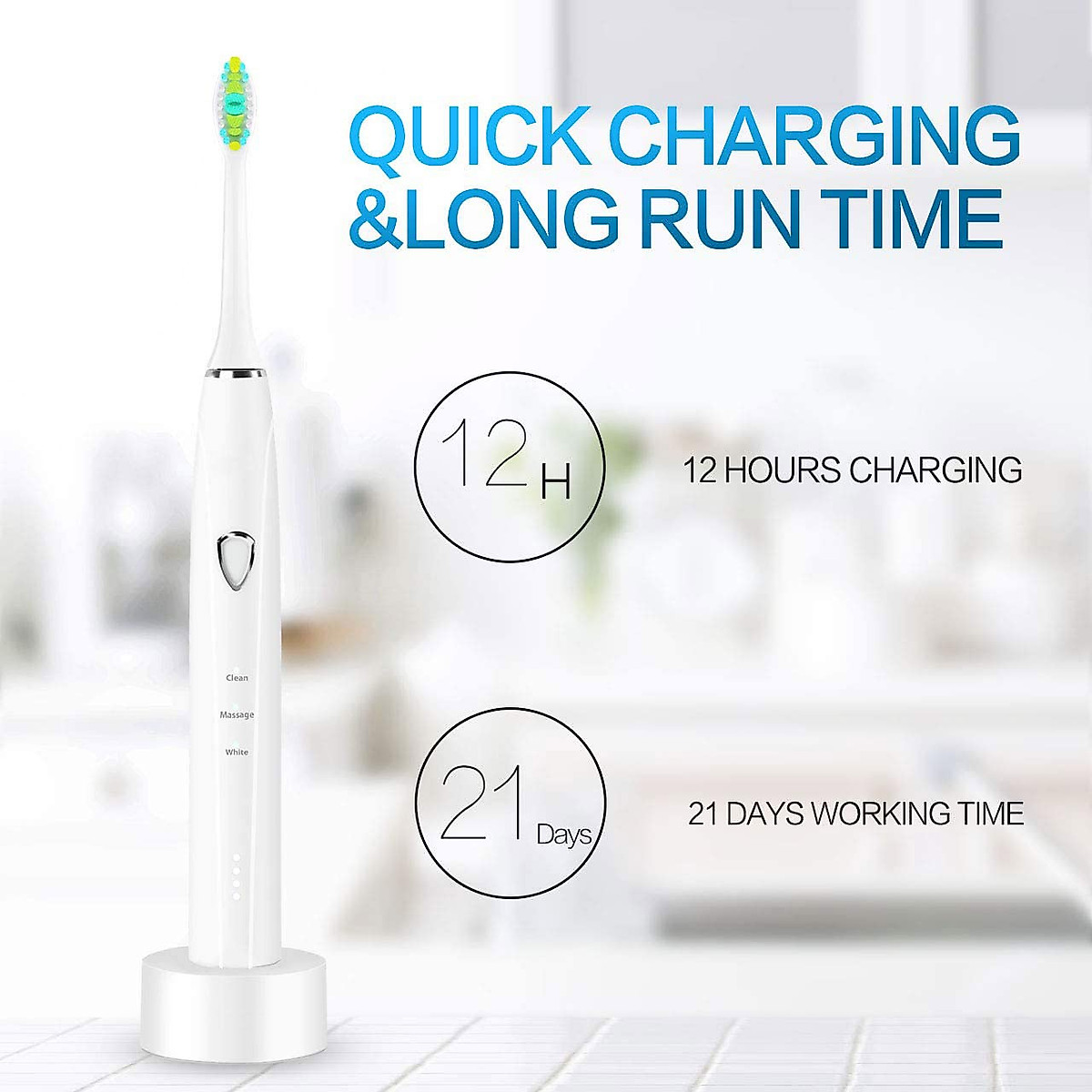 Rolg Electric Sonic Toothbrush, Powerful Rechargeable Sonic Toothbrush with 3 Brushing Modes, 2 Minutes Automatic Timer or Free Control Sonic Toothbrush for Travel, Kids, Adult, White
