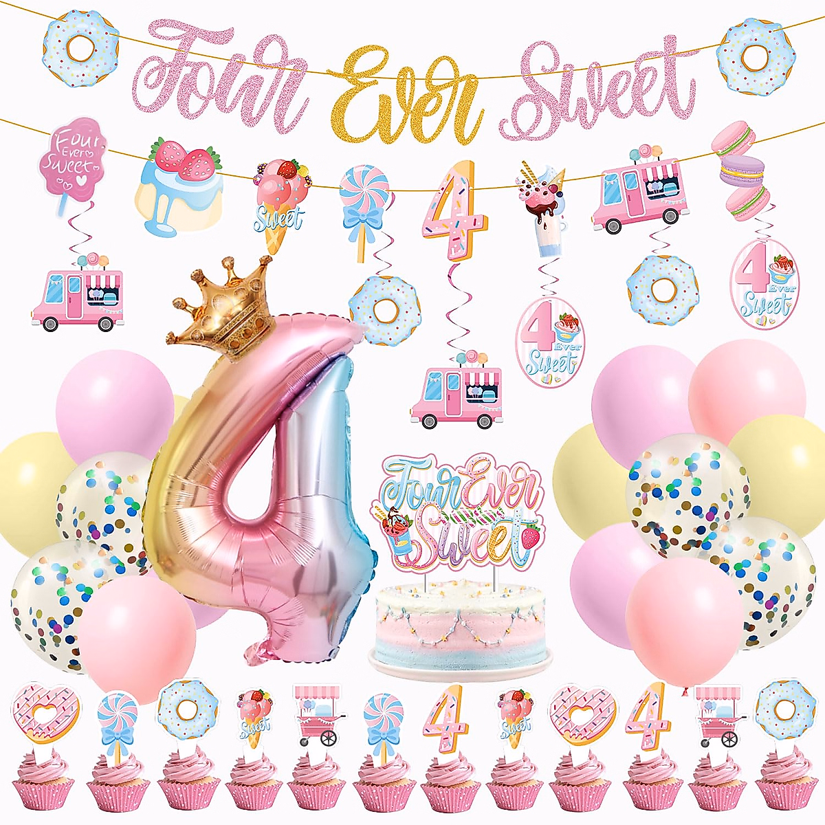 JUYRLE Four Ever Sweet Birthday Decorations Girl, 4th Birthday Decorations Include Ice Cream Donut Banner Cake Toppers Hanging Swirls Latex Foil Balloons, 4 Year Old Birthday Decorations