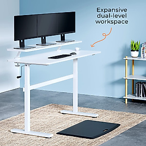 Stand Steady Tranzendesk 55 Inch Standing Desk with Clamp-On Shelf | Crank Height Adjustable Stand Up Workstation with Attachable Monitor Riser | Extra Large Sit Stand Desk Hold 3 Monitors (White)