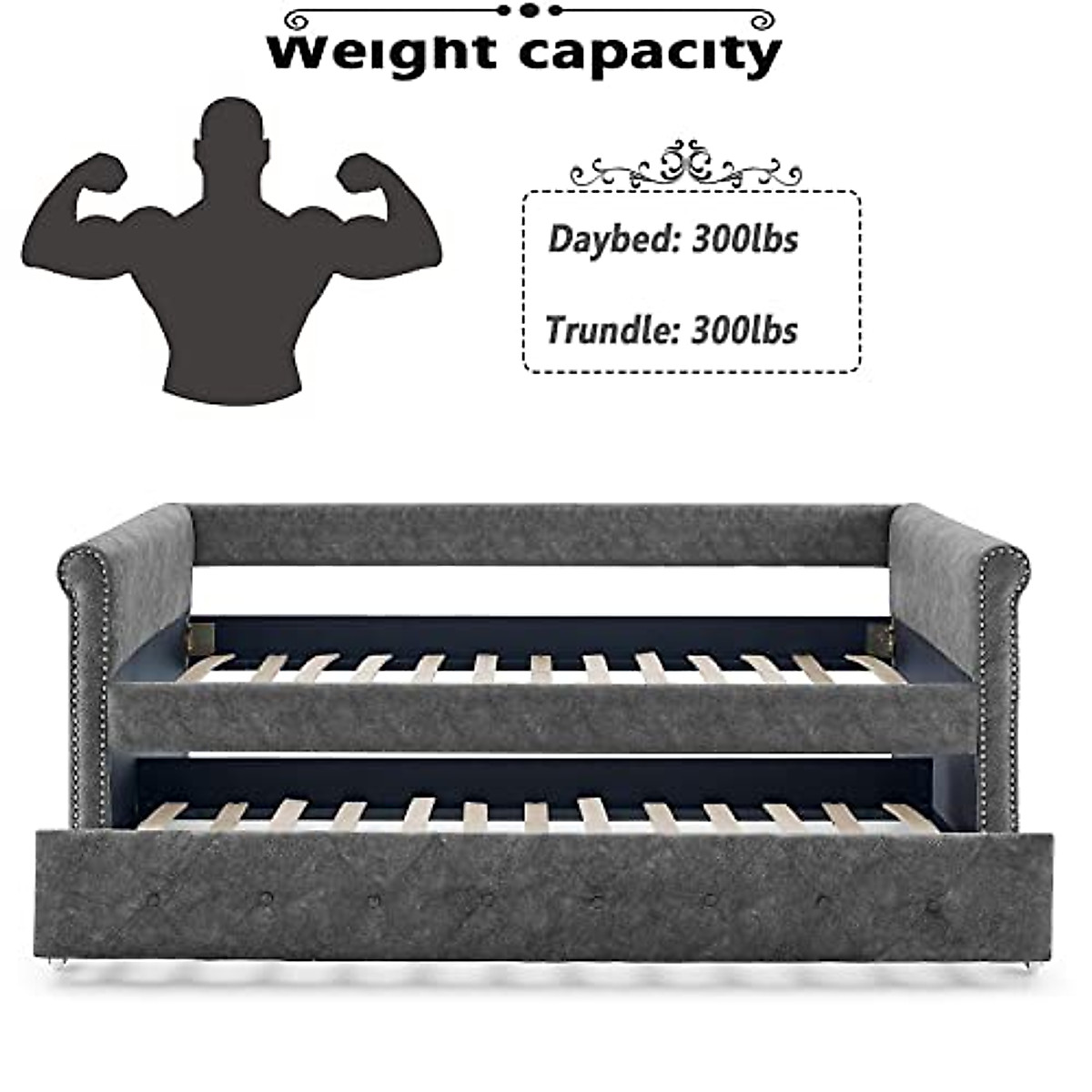 Antetek Daybed with Trundle, Fabric Upholstered Twin Size Day Bed Button-Tufted Sofa Daybed Frame w/Twin Roll-Out Trundle, No Box Spring Needed, Furniture for Bedroom, Living Room, Guest Room, Grey