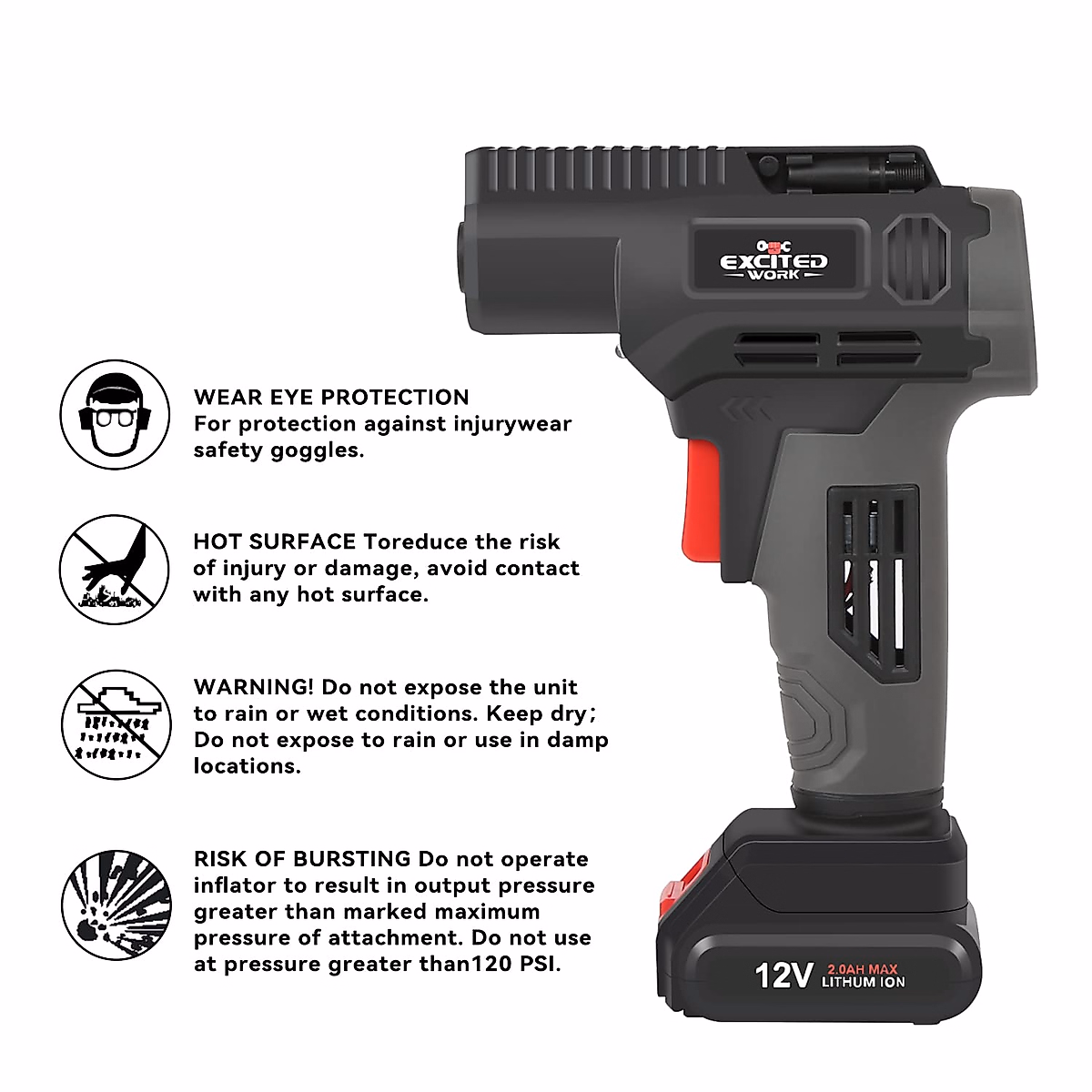 Excited Work 12V Portable Air Compressors Cordless Tire Inflator, 2.0 Ah Rechargeable Battery and Quick Charger, Max 150PSI, with 3 Nozzles, 4 Unit Meters, Fits Cars Motorcycles etc