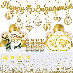 gold engagement party decorations - (Total 90pcs) Glitter happy Engaged Banner, MR and MRS Balloons, Hanging Swirl,balloons, Ring Balloons for Wedding Engagement Party Decor