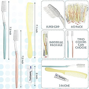 Disposable Toothbrushes with Toothpaste and Comb 3 in One Individually Wrapped 2 Colors Travel Toothbrushes Bulk for Hotels Homestays Charities Shelters Nursing Homes Homeless (60)