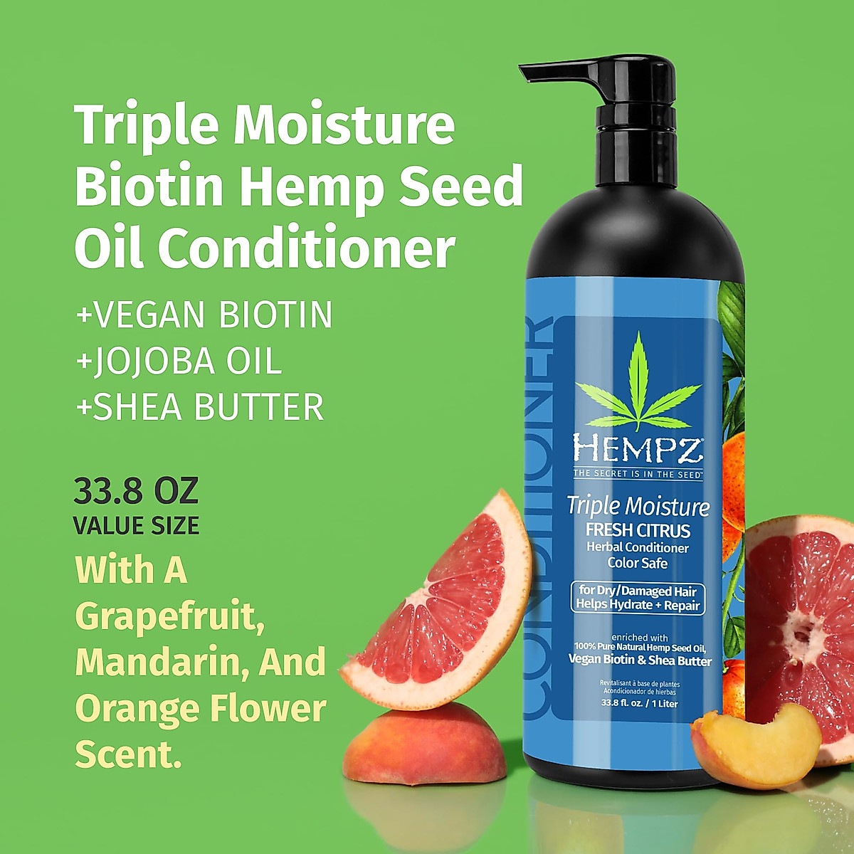 Hempz Biotin Conditioner - Triple Moisture Fresh Citrus - Peach & Grapefruit - For Growth & Strengthening of Dry, Damaged and Color Treated Hair, Hydrating, Softening, Moisturizing - 33.8 Fl OZ