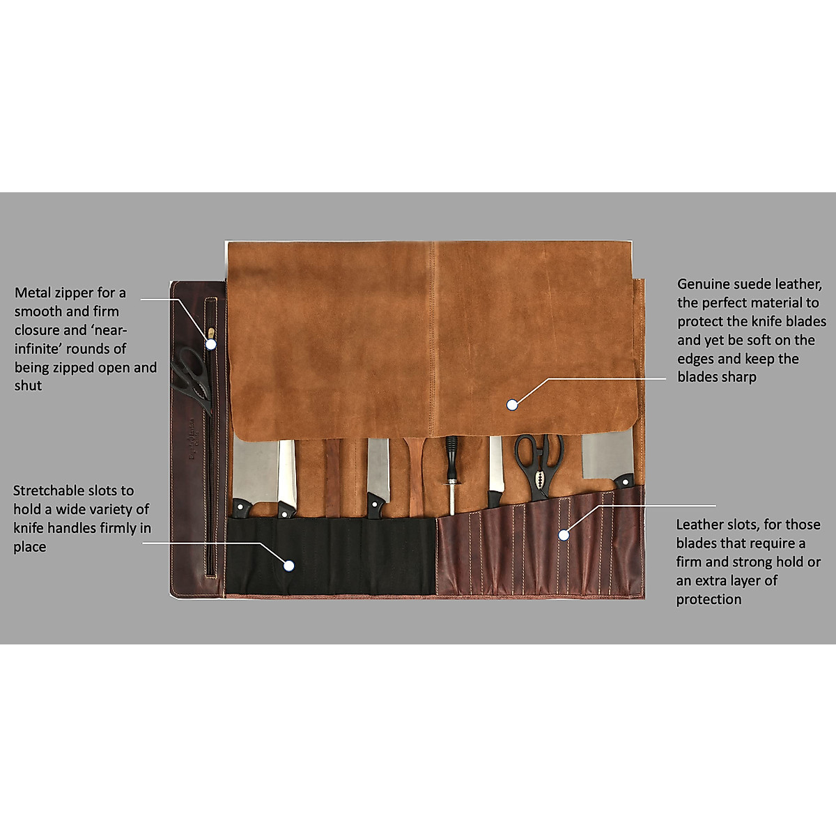 Leather Knife Roll Storage Bag, Elastic and Expandable 10 Pockets, Adjustable/Detachable Shoulder Strap, Travel-Friendly Chef Knife Case (Leather - Light Brown)