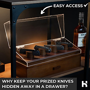 Showcase Your Knives with The Knife Deck Pro – Premium Pocket Knife Display Case for 6 Knives – Easy Access & Leather Lining – Drawer for Accessories – Wooden Pocket Knife Holder – Lifetime Assurance