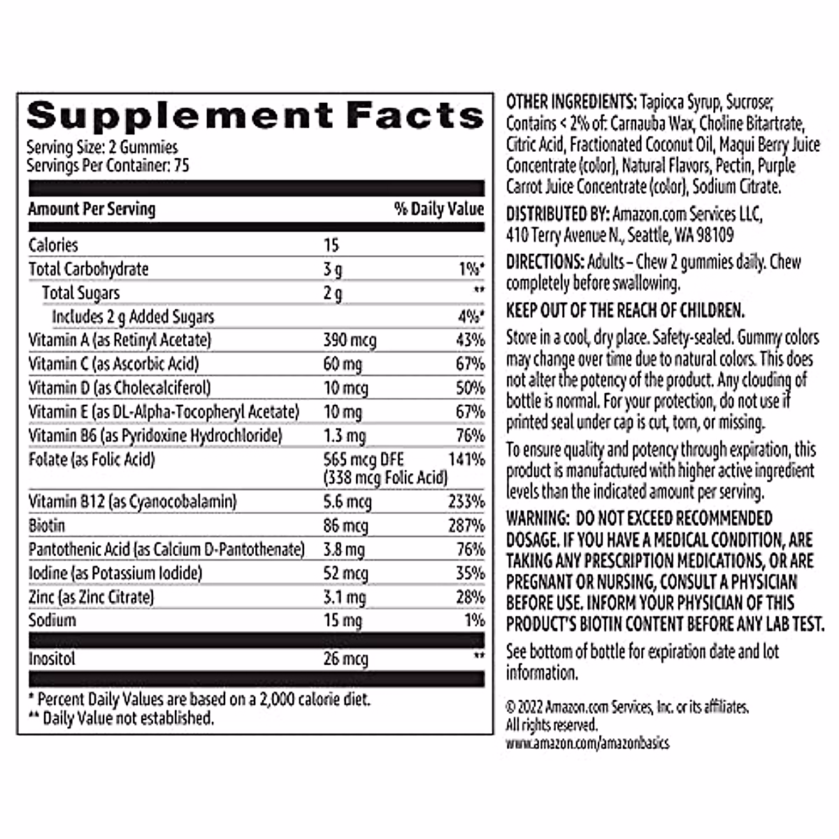 Amazon Basics Adult Multivitamin, 150 Gummies, 75-Day Supply, Mixed Berry & Cherry (Previously Solimo)