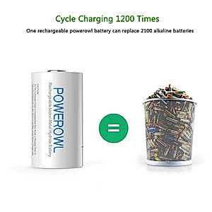POWEROWL Rechargeable D Batteries 10000mah Low Self Discharge, NiMH, Pre-Charged, 4 Count (Recharge Universal)